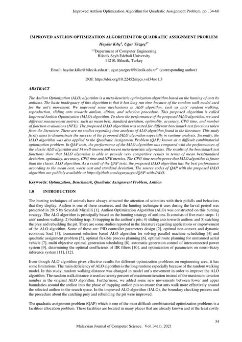 pdf improved antlion optimization algorithm for quadratic assignment problem