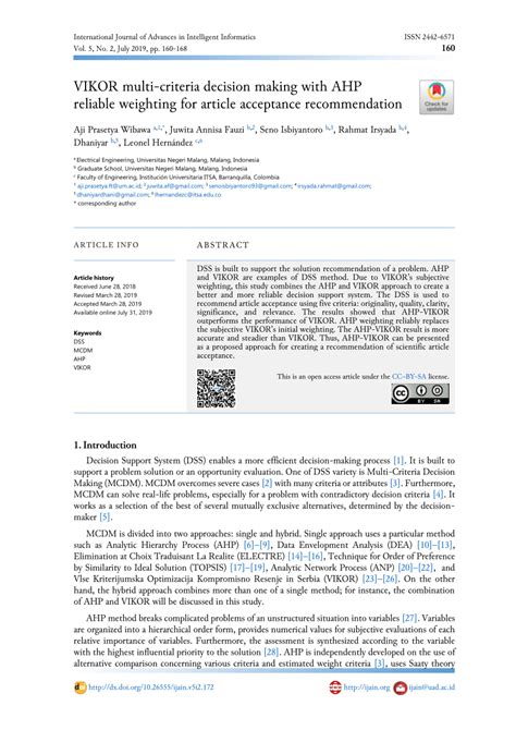 pdf vikor multi criteria decision making with ahp reliable weighting for article acceptance