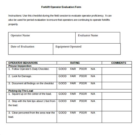 Printable Forklift Operator Evaluation Form