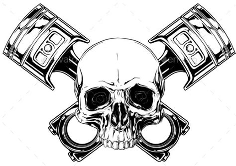 Graphic Human Skull With Crossed Car Piston Vector Skull Artwork
