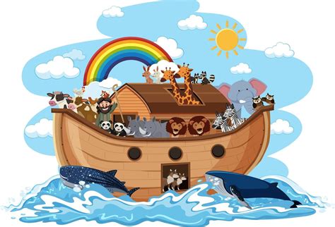 Arca de Noé con animales en onda de agua aislado sobre fondo blanco