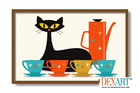 Retro Cat Poster Mid Century Modern Cat And Kitchen Art Etsy