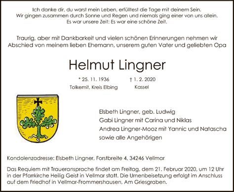 Traueranzeigen Von Helmut Lingner Trauer HNA De