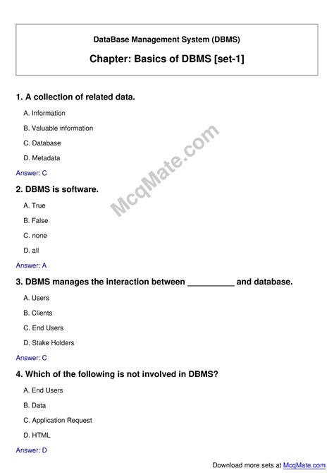 data base management system dbms basics of dbms [set 1] solved mcqs mcq mate database
