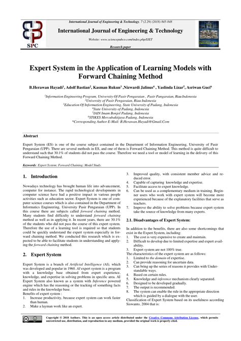 pdf expert system in the application of learning models with forward chaining method