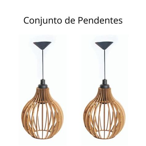 Kit 2 Pendentes Luminária de Teto Madeira Moderna Sala Área Gourmet