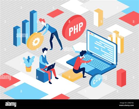 web development isometric concept vector illustration cartoon 3d tiny developer people work