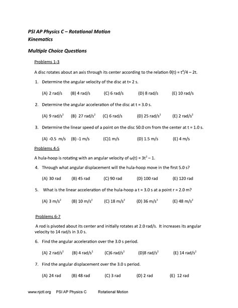 ap physc m rotational kinematics multiple choice 2017 12 28 psi ap physics c rotational