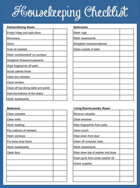 Housekeeping Cleaning Checklist 10 Free PDF Printables Printablee