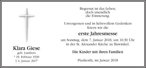 Traueranzeigen Von Klara Giese Noz Trauerportal