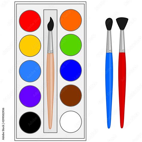 Set Of Watercolor Paints And Three Brushes Color Vector Clip Art On