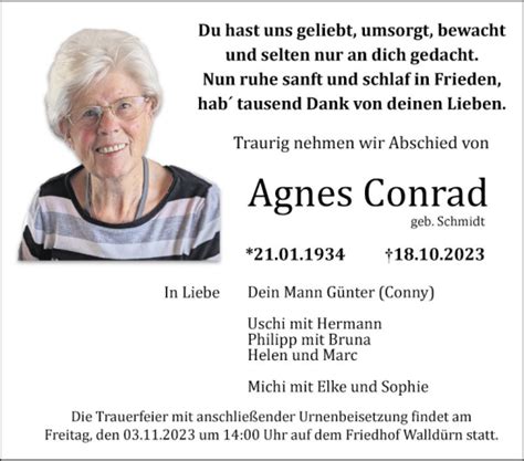 Traueranzeigen Von Agnes Conrad Trauerportal Ihrer Tageszeitung