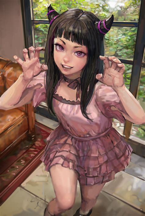 Safebooru 1girl Black Hair Choker Couch Day Dress Han Juri Highres Horns Indoors Long Hair
