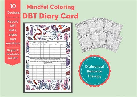 Mindful Coloring DBT Skills Diary Card With 10 Designs Simple Weekly