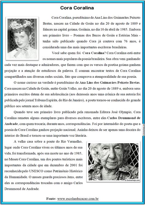 Atividade Biografia Cora Coralina Ensinar Hoje