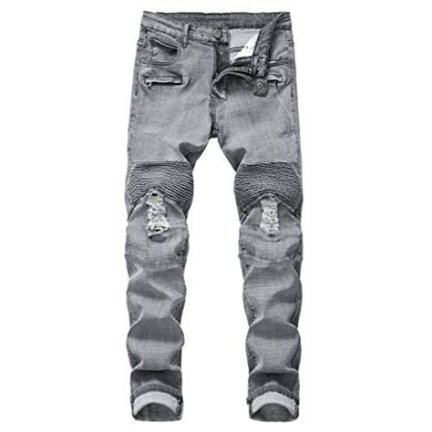 QIMYUM Men S Distressed Slim Straight Fit Biker Jeans Stretched Moto