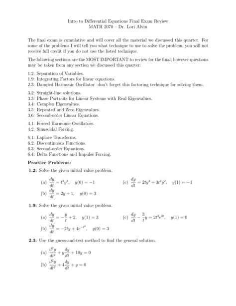 intro to differential equations final exam review math 2070 dr