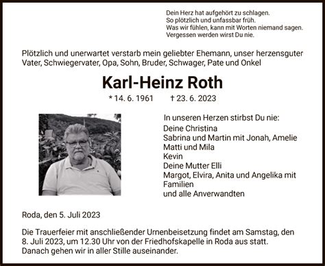 Traueranzeigen Von Karl Heinz Roth Trauer HNA De