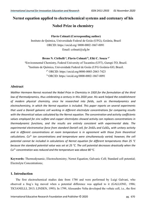 Pdf Nernst Equation Applied To Electrochemical Systems And Centenary