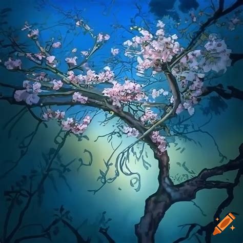 Detailed Cherry Blossom Drawing On A White Background