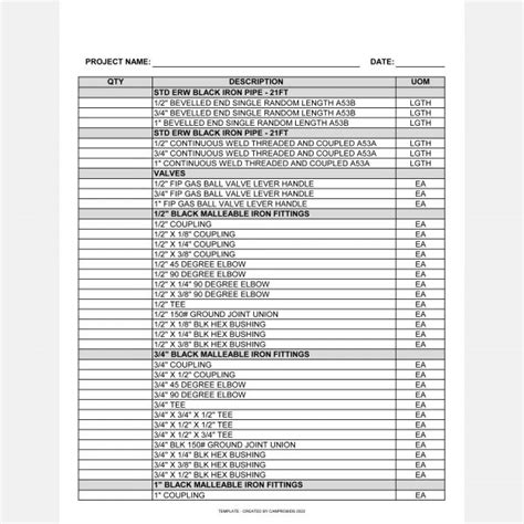 Black Iron Bom Ms Excel Template No Construction Templates