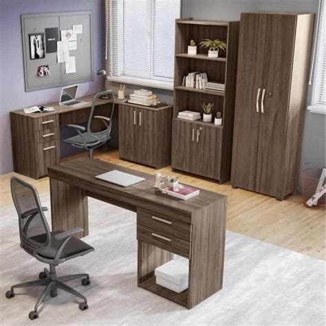 Conjunto Home Office 4 Peças 1 Mesa em L 1 Escrivaninha 2 Armários