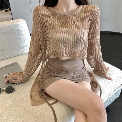áo lưới dài tay đi biển sexy áo lưới trời trang xuyên thấu vạt dài