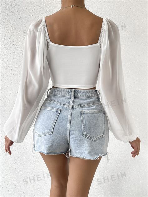 SHEIN Privé Twist Front Lantern Sleeve Crop Top SHEIN UK