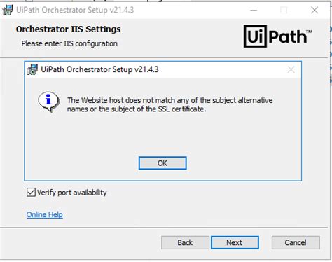 Exception Orchestrator Installation IIS Settings Page