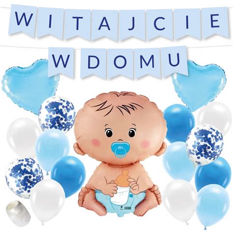 ZESTAW balonów BANER WITAJCIE W DOMU niebieski bobas powitanie