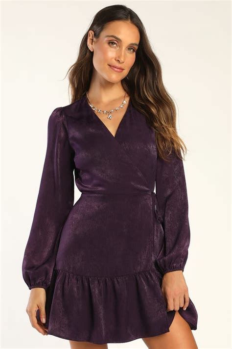 Dark Purple Wrap Dress Floral Wrap Dress Satin Mini Dress Lulus