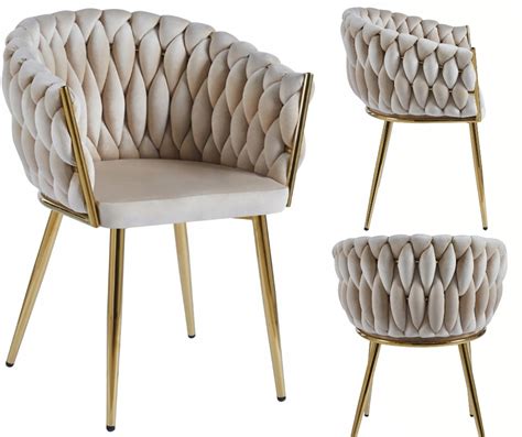 Krzesło beżowe plecione złoty połysk VELVET welur ROSE Chrom glamour