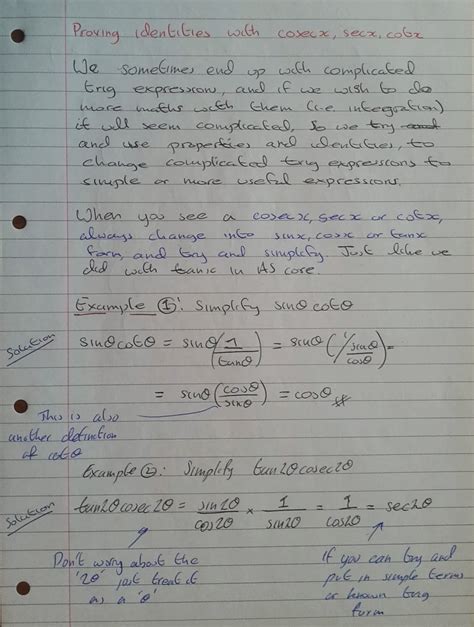 a level maths notes a2 proving identities using reciprocal trigonometric functions part 1
