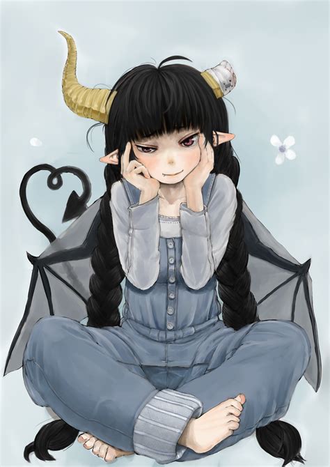 Safebooru Bandage Barefoot Black Hair Blush Braid Broken Horn Demon Girl Demon Tail Fang Feet