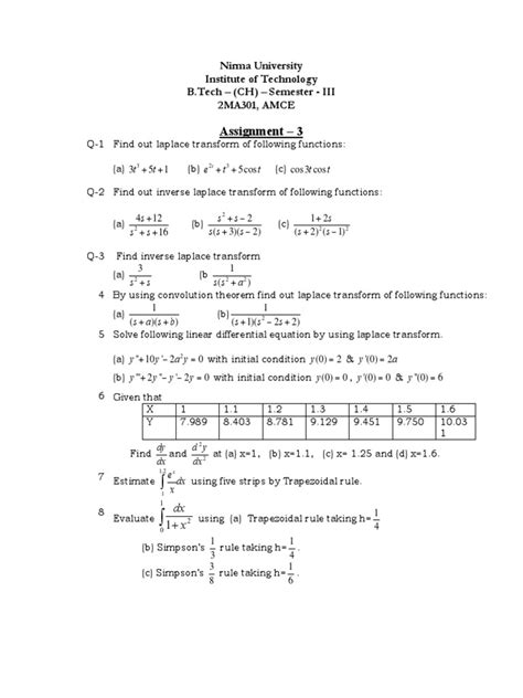 laplace transforms differential equations and numerical integration techniques an assignment