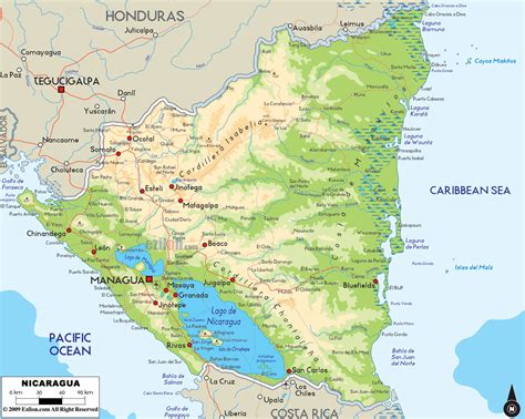 Large Detailed Physical Map Of Nicaragua With Roads And Cities