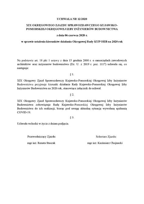 Uchwa A Nr Xix Okr Gowego Zjazdu Sprawozdawczego Kujawsko