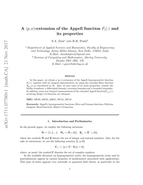 pdf a p nu extension of the appell function f 1 cdot and its properties