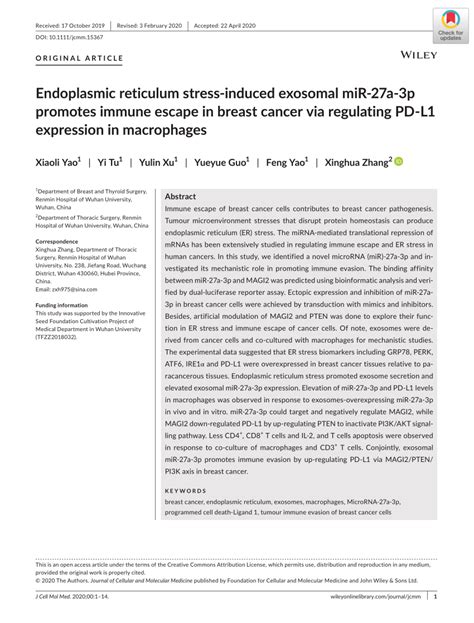 PDF Endoplasmic Reticulum Stressinduced Exosomal MiR27a3p Promotes