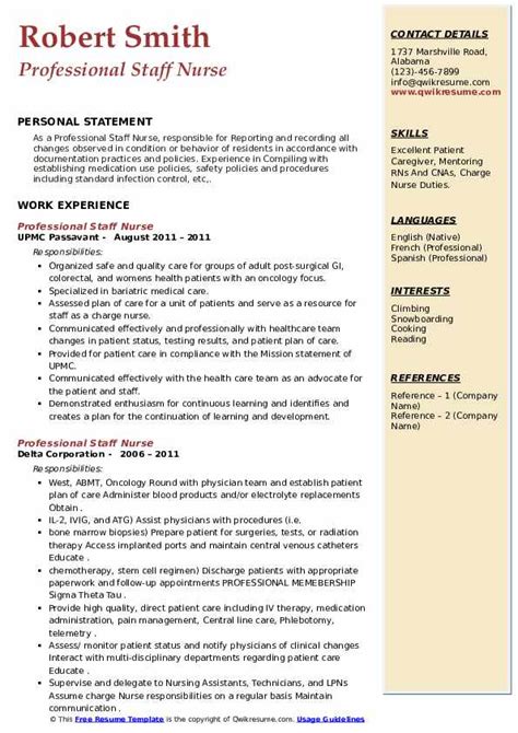 Professional Staff Nurse Resume Samples Qwikresume