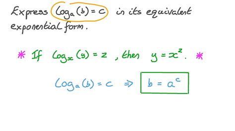 question video converting an equation from logarithmic to exponential form nagwa