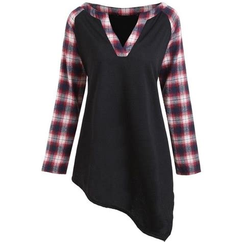 Plus Size Asymmetric Plaid Raglan Sleeve T Shirt