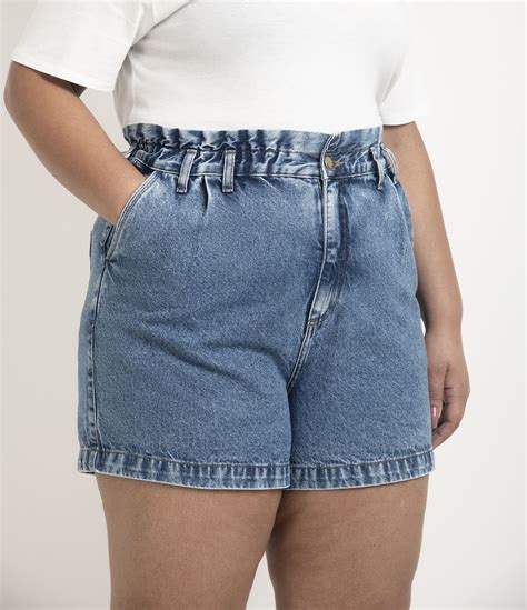 Short Mom Jeans Cós Clochard Elástico Curve Plus Size Azul Renner