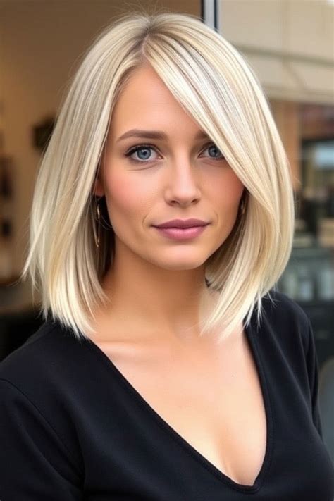 32 Low Maintenance Medium Length Haircuts Side Parted Platinum Blonde Bob