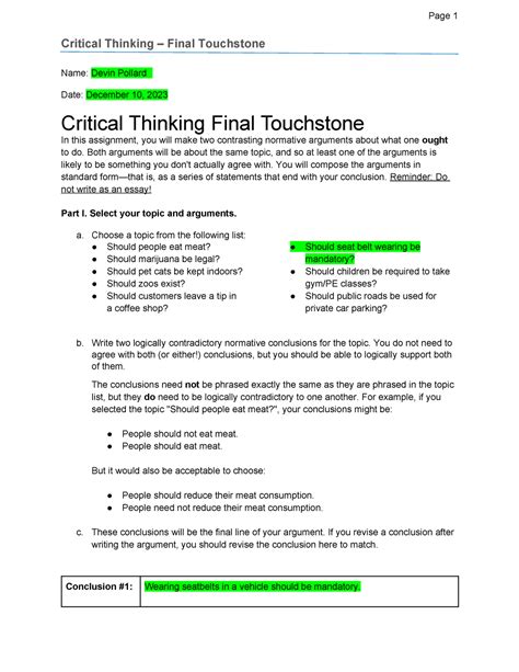 Critical Thinking Touchstone Critical Thinking Final Touchstone