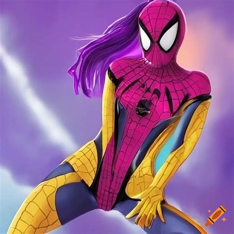 Artwork Of Female Spiderman In Pink Purple And Yellow Suit