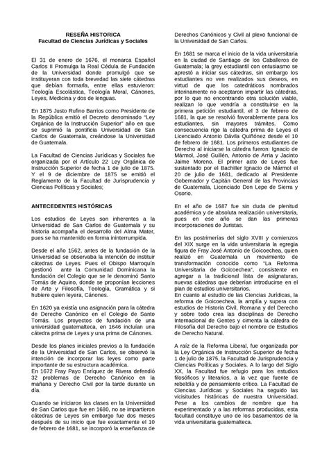 Pensum de estudio Derecho USAC RESEÑA HISTORICA Facultad de Ciencias