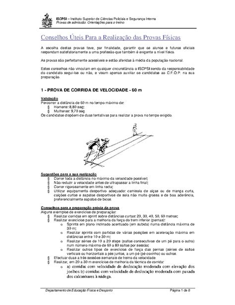 Conselhos úteis para a realização das provas físicas Provas de