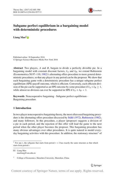subgame perfect equilibrium in a bargaining model with deterministic procedures request pdf
