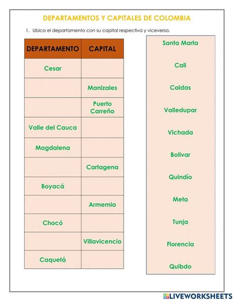 Actividad De Departamentos Y Capitales De Colombia Departamentos